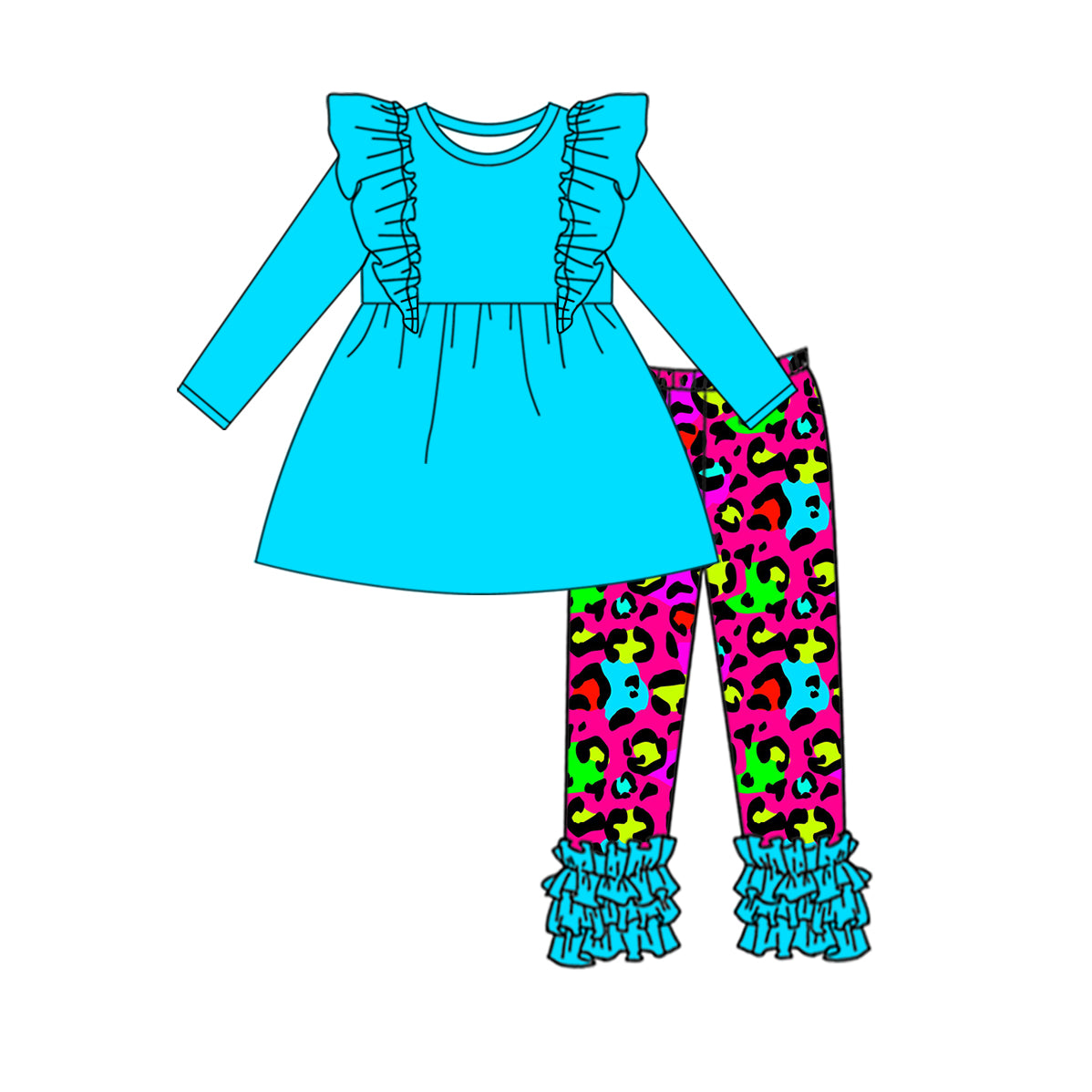 preorder GLP2138 blue ruffles long sleeve colorful leopard pants girls ...