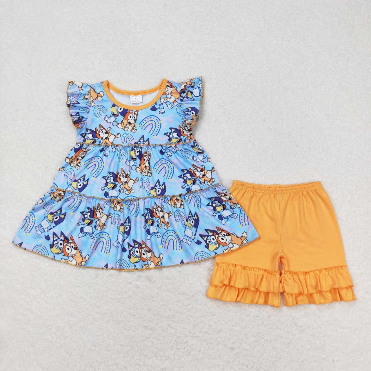 GSSO0632 Cartoon blue dog blue flutter sleeve orange shorts girls set ...
